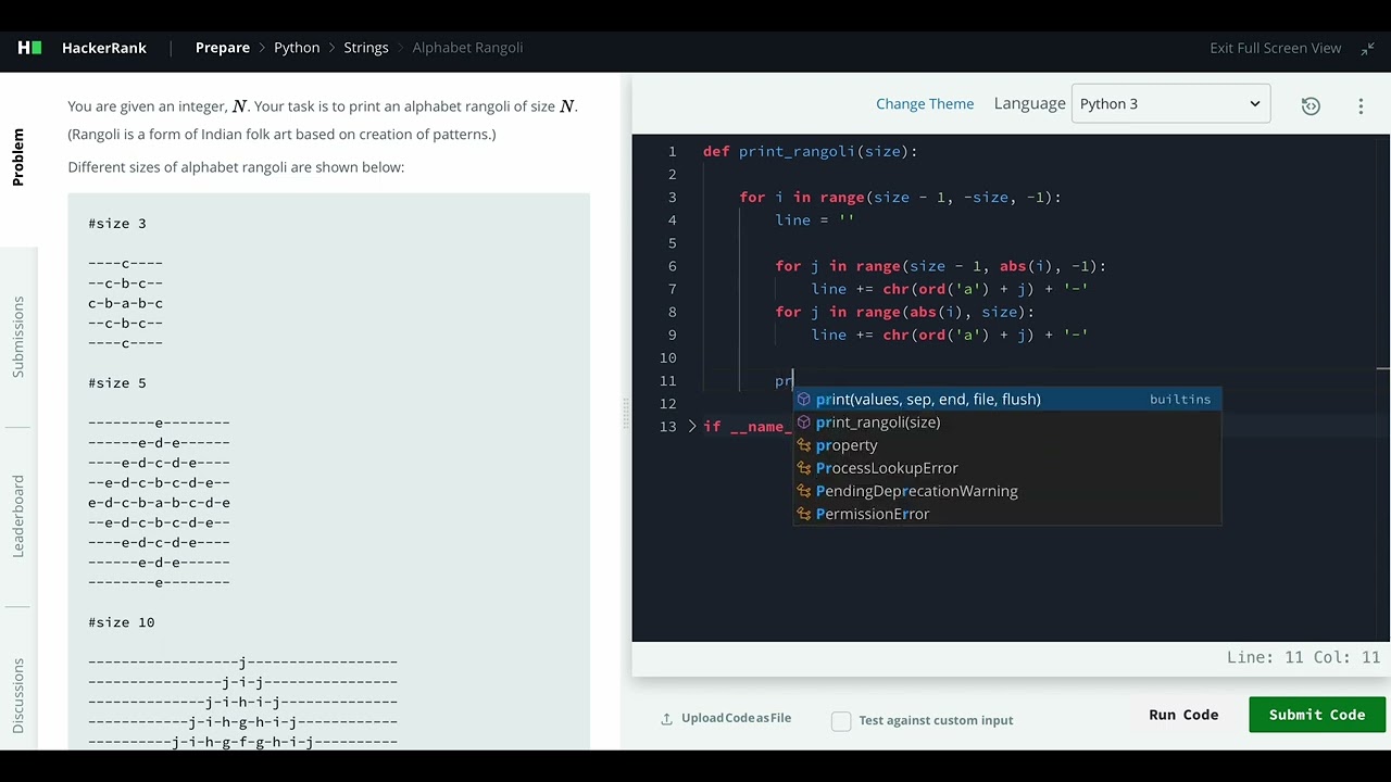 Hackerrank Python Solution #11 Strings - Python: Alphabet Rangoli