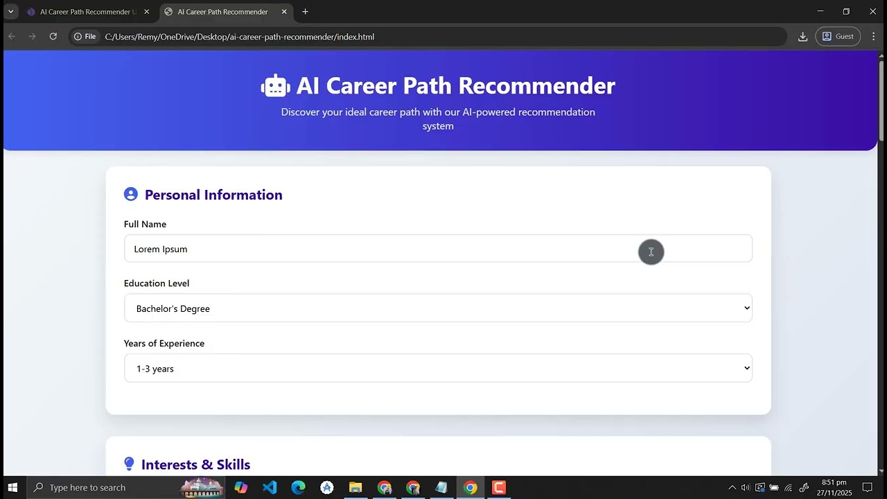 AI Career Path Recommender Using HTML, CSS and JavaScript with Source Code