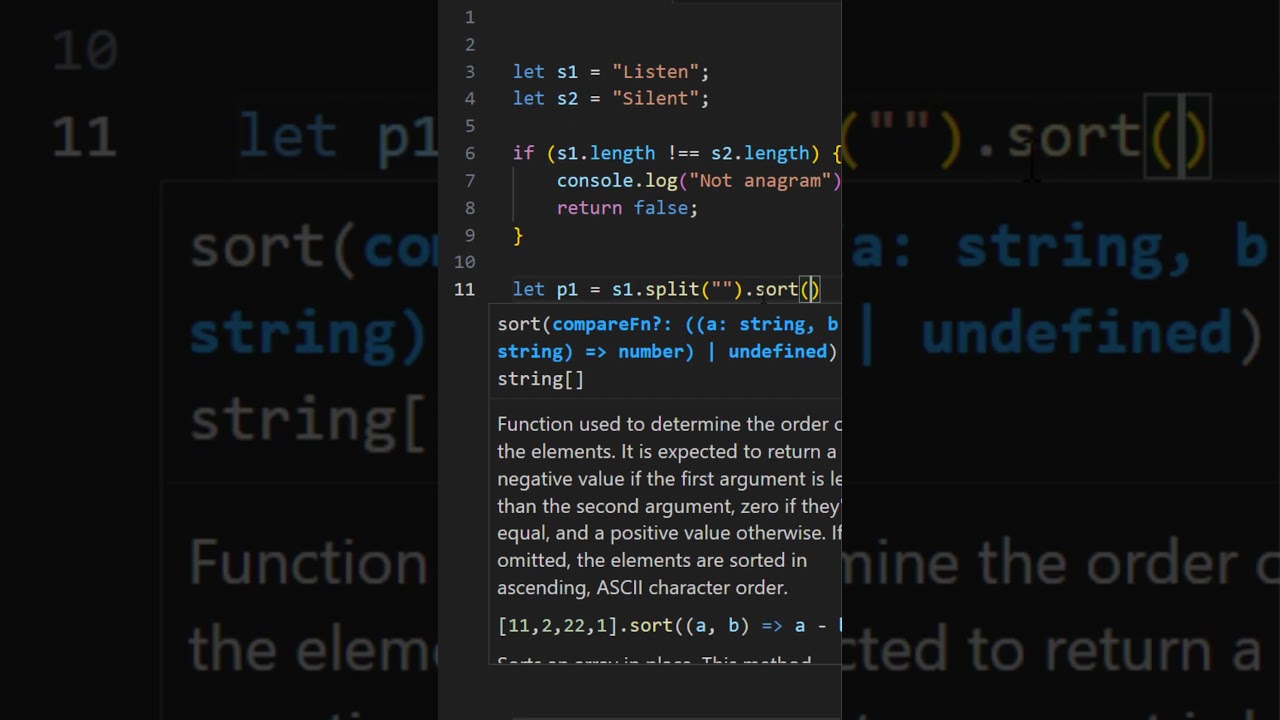 How to check for anagram in javascript | One Minute Javascript | 1 Min JS | Quick JS | #shorts