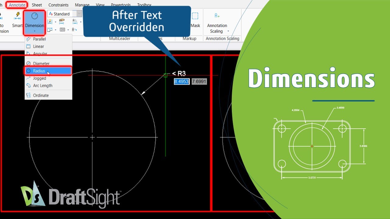 Create Radius Dimension for a Circle with Dimension Text Override from Toolbar