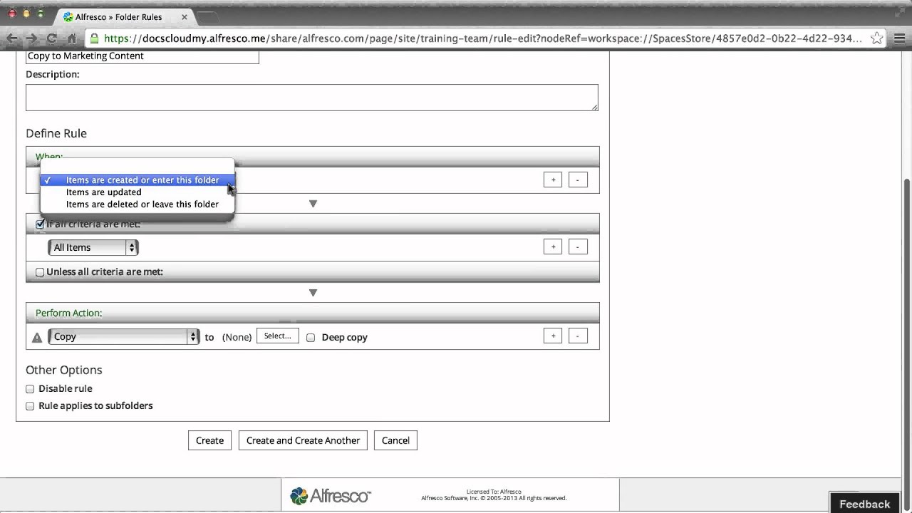 Alfresco in the cloud:  Creating Rules in Alfresco