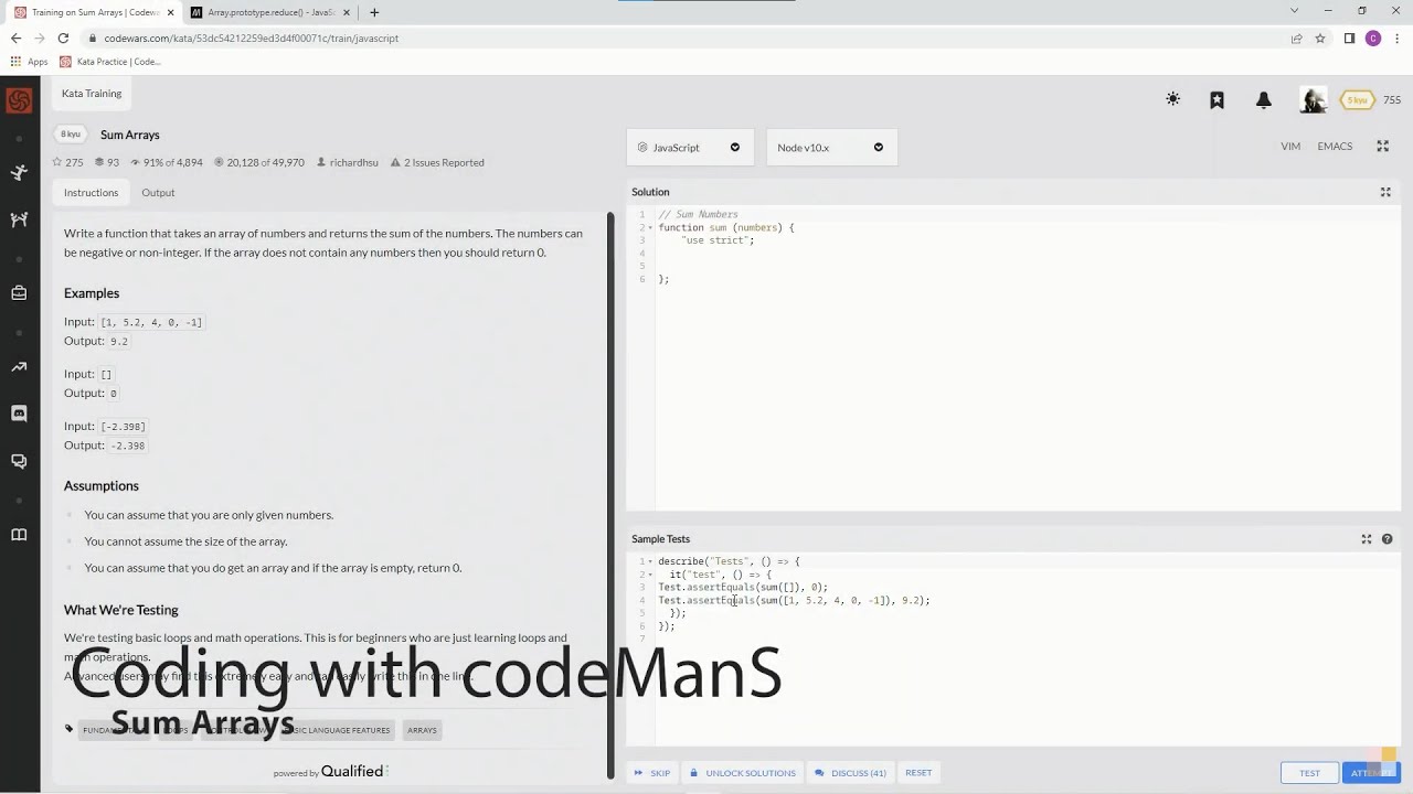 Codewars 8 kyu Sum Arrays JavaScript