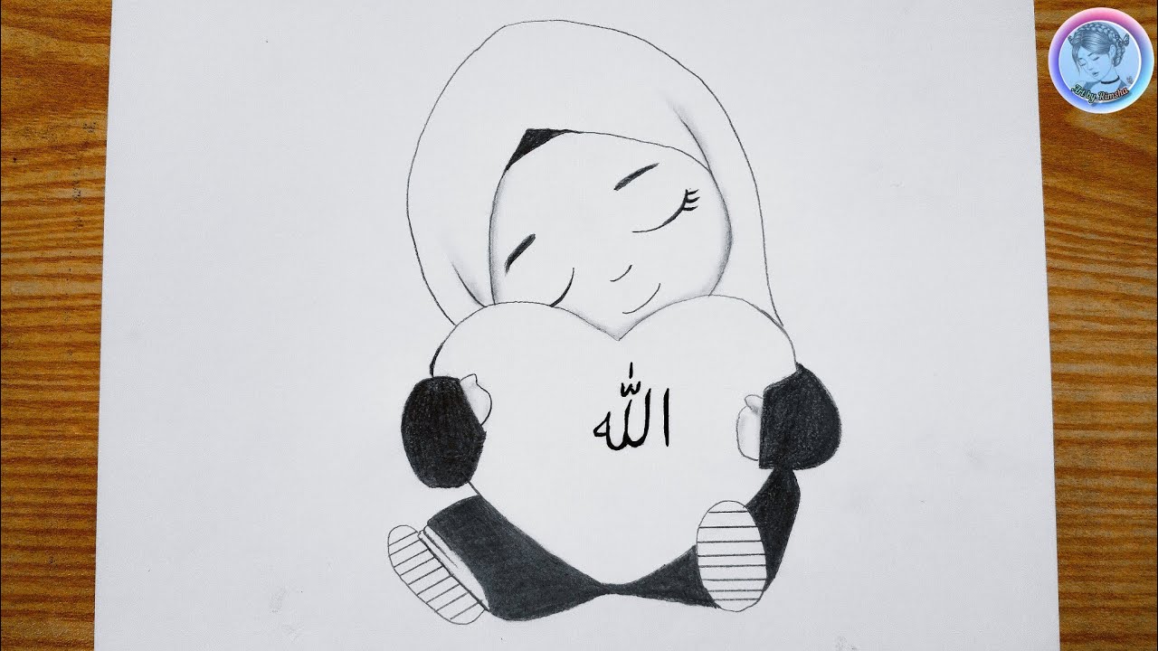 How to draw a cute Muslim girl||Muslim girl drawing||Islamic little girl holding heart -Creative art