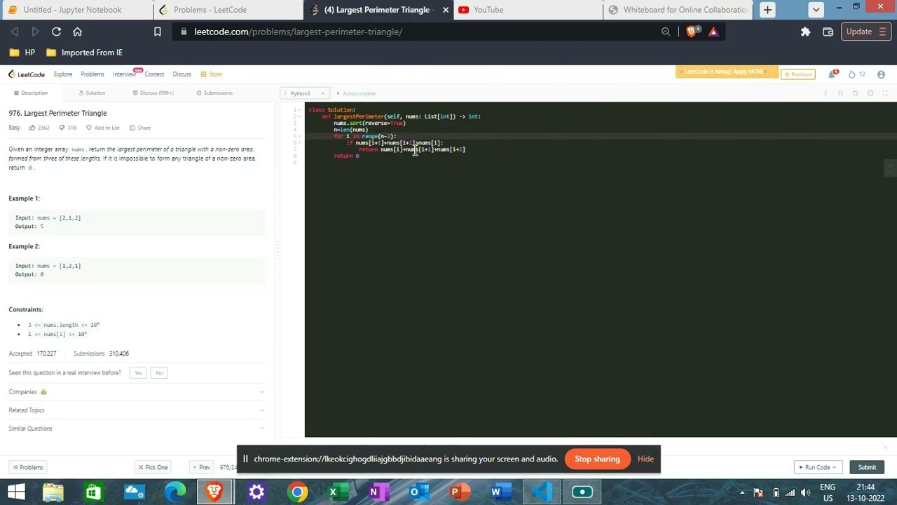 976  Largest Perimeter Triangle || Python || Leetcode ||Daily Challenge