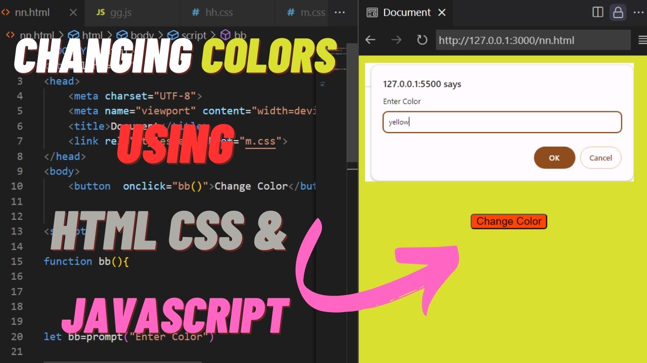 Changing background colors using prompt || click on button using HTML CSS & JAVASCRIPT