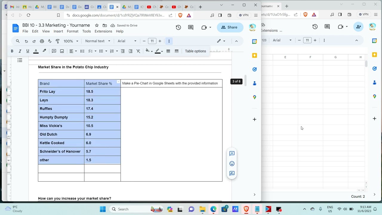 How to make a quick Pie Chart (for Market Share) in Google Docs, Google Sheets