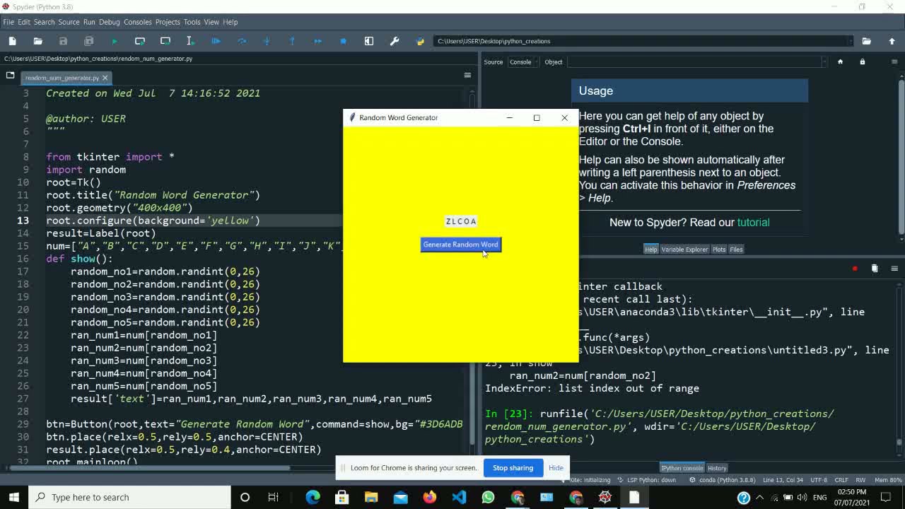 Random Words Generator in spyder using Tkinter | python