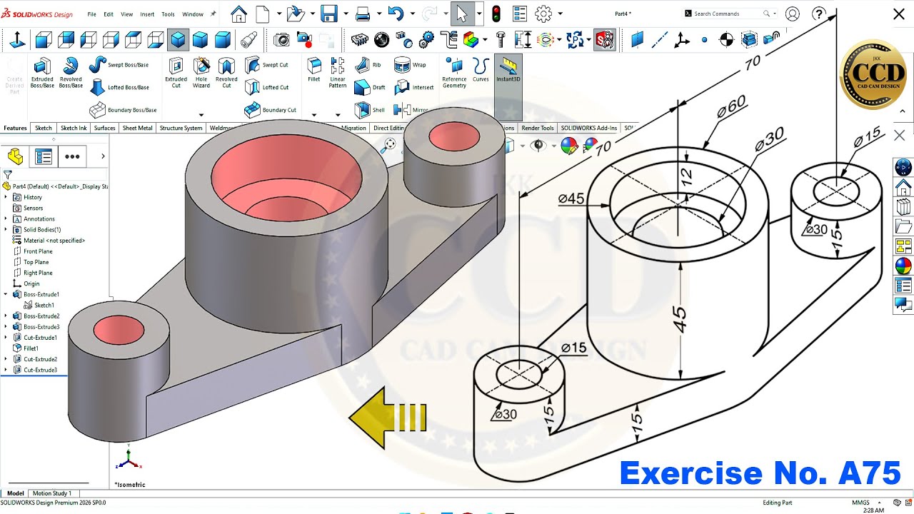 SolidWorks Tutorial for beginners Exercise A75