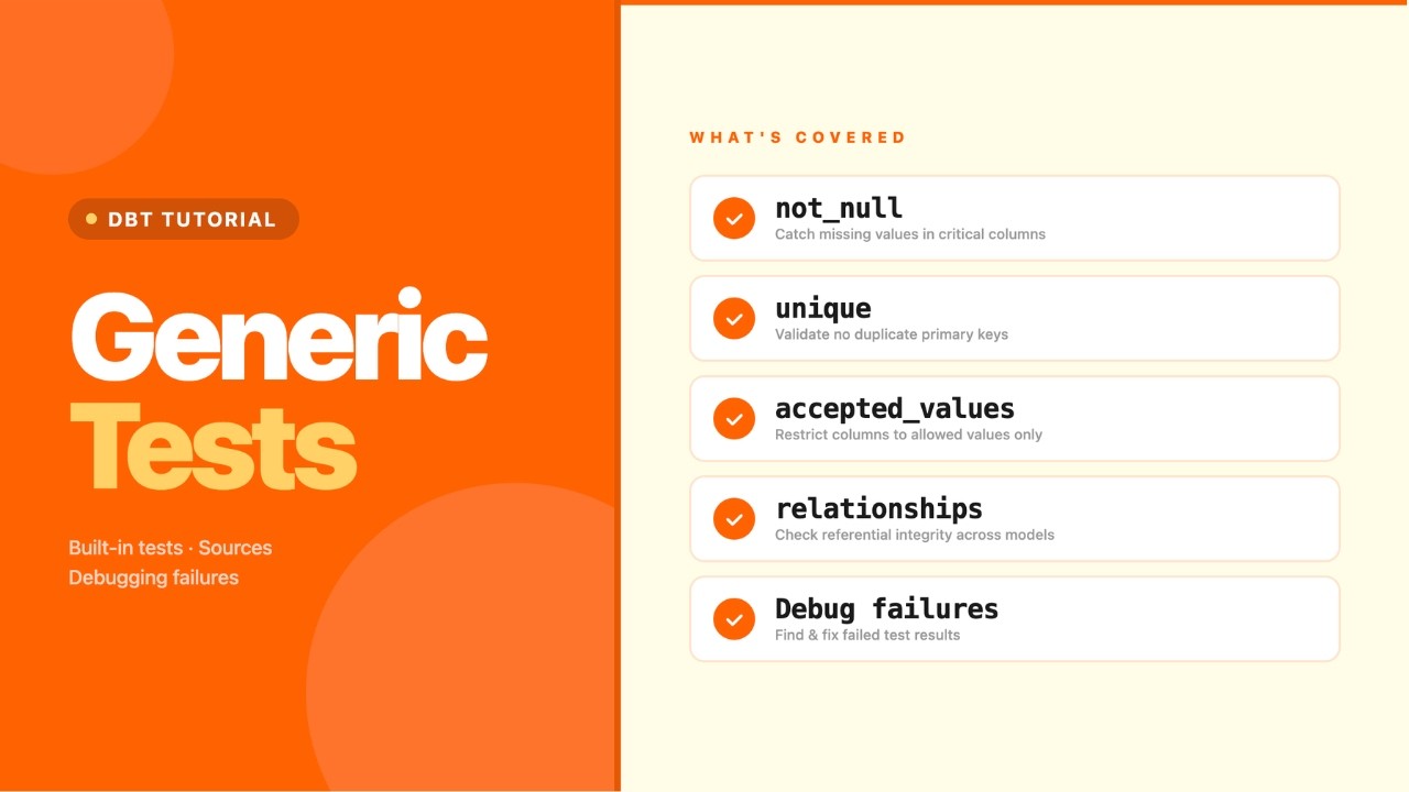 dbt Generic Tests Explained — not_null, unique, accepted_values & more | dbt Tutorial