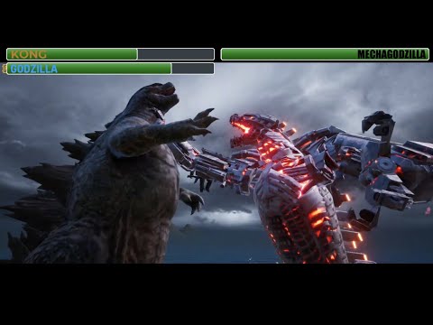 Godzilla and Kong vs Mechagodzilla animation with healthbars | Ocean Battle
