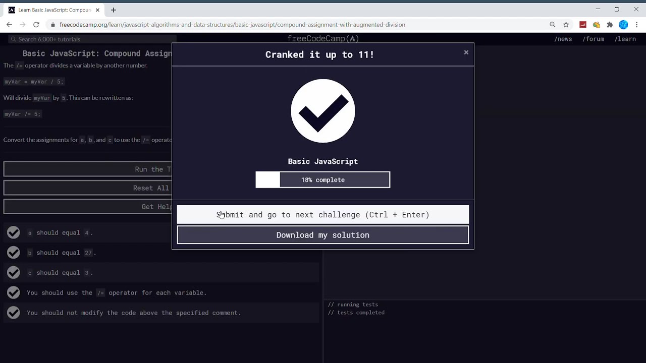 Basic JavaScript (21/111) | Compound Assignment With Augmented Division | freeCodeCamp