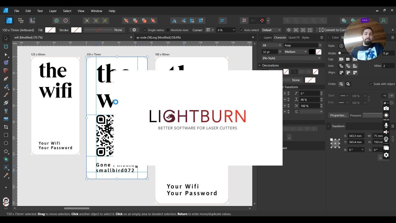 WiFi QR Codes - SVG Export from Affinity Designer to LightBurn Walkthrough for 80W CO2 Laser