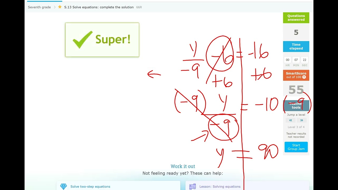 IXL Solve equations   Complete the solution