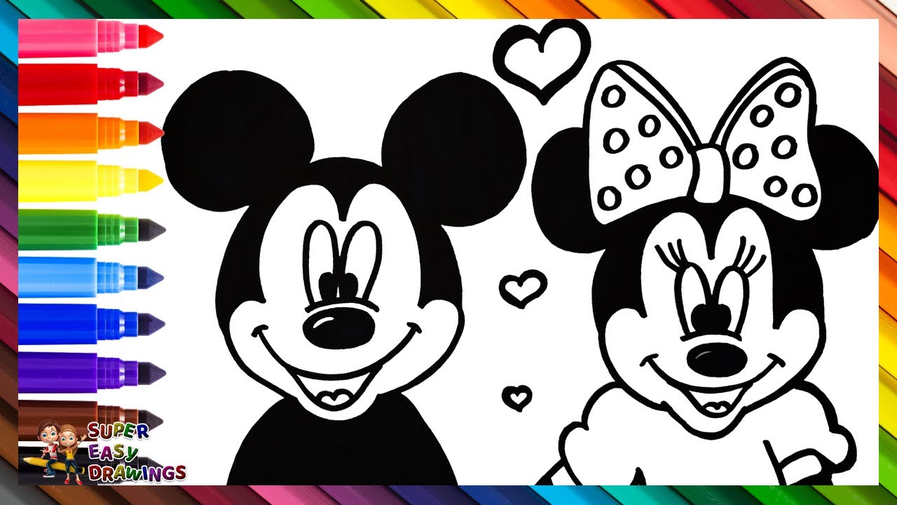Drawing and Coloring Mickey Mouse and Minnie Mouse ⚫⚫❤️⚫🎀⚫ Drawings for Kids