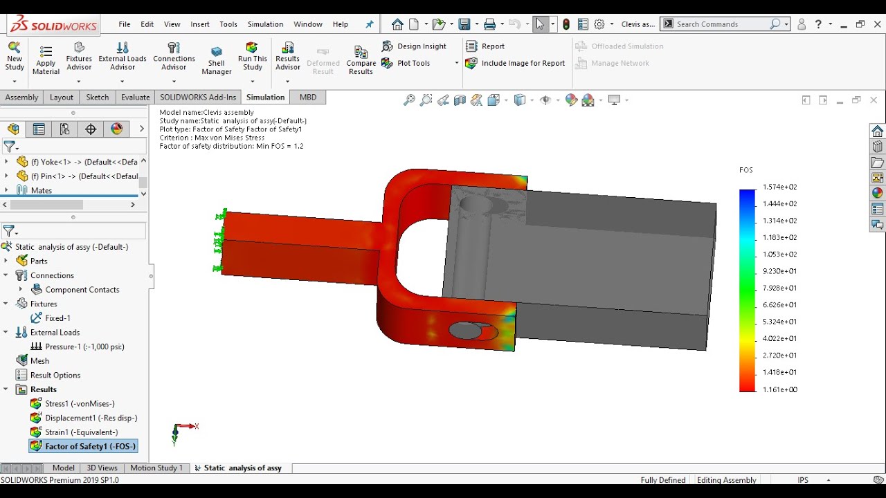 Solidworks simulation 119 |  Structural analysis of clevis assembly