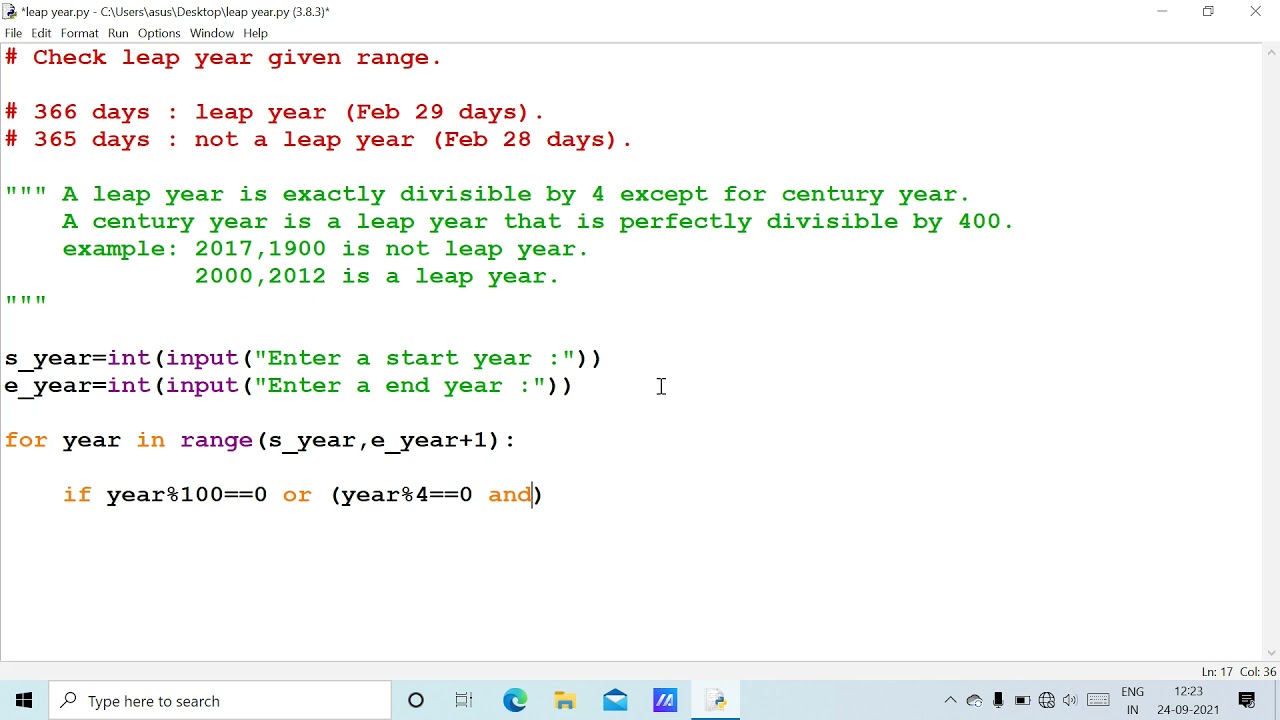 Leap year given range - Python programs