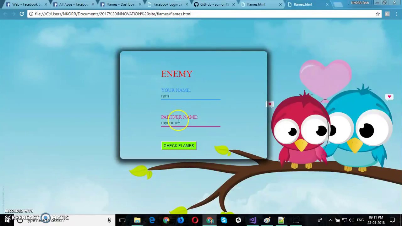 Flames program in HTML  and Javascript|transparent  div |CSS |Javascript |HTML |Flames|GitHub