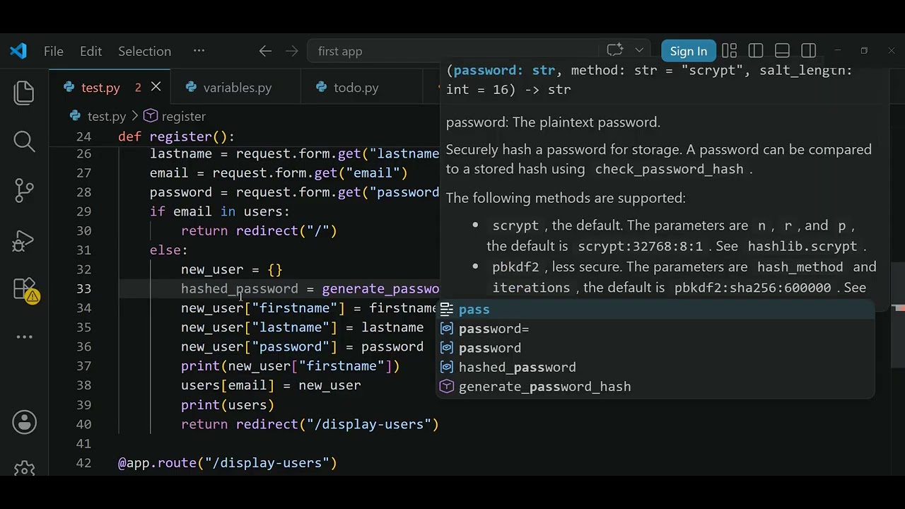 How to handle authentication, authorization and hash password in Flask Python App