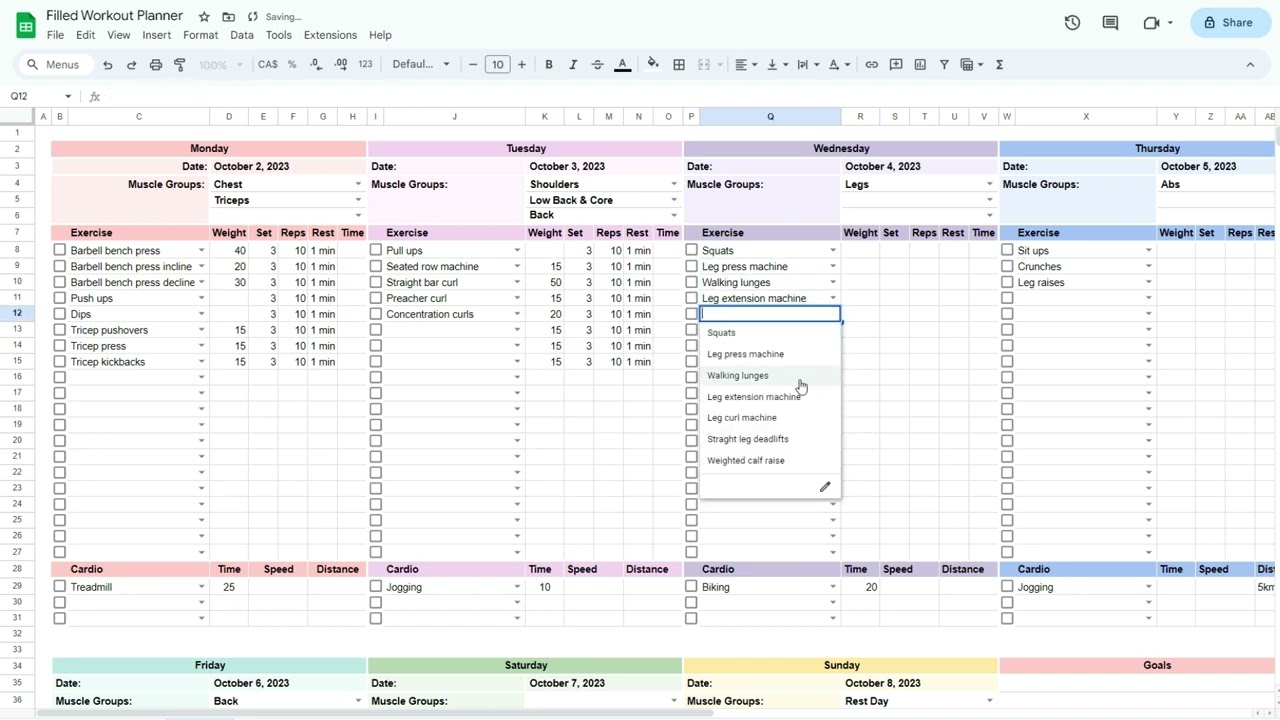 Workout Planner Spreadsheet for Google Sheets and Excel