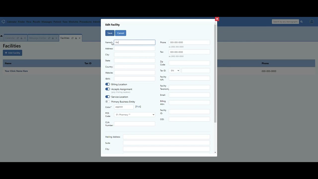 How to set the facility name in OpenEMR