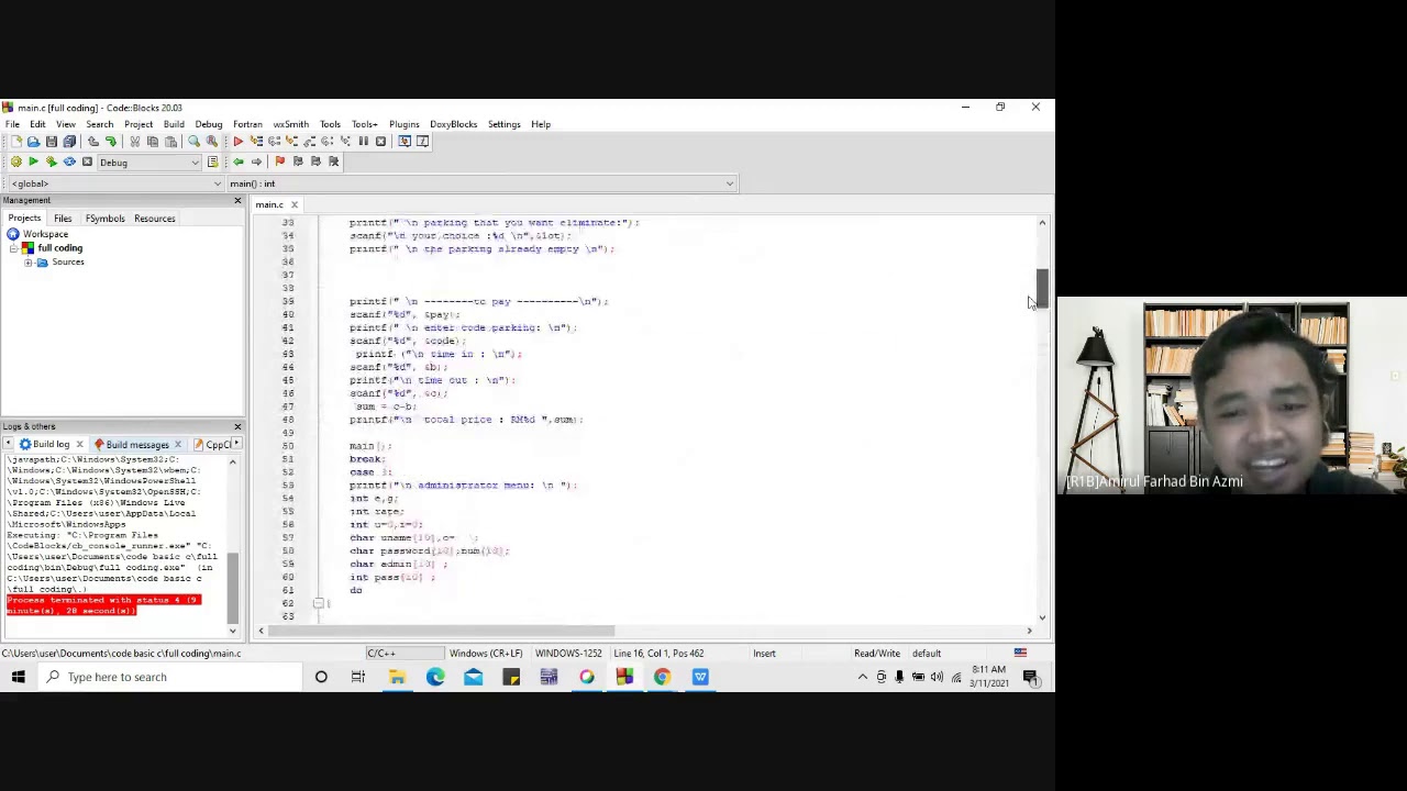 R1B G1 Parking System using C Programming with Code Blocks