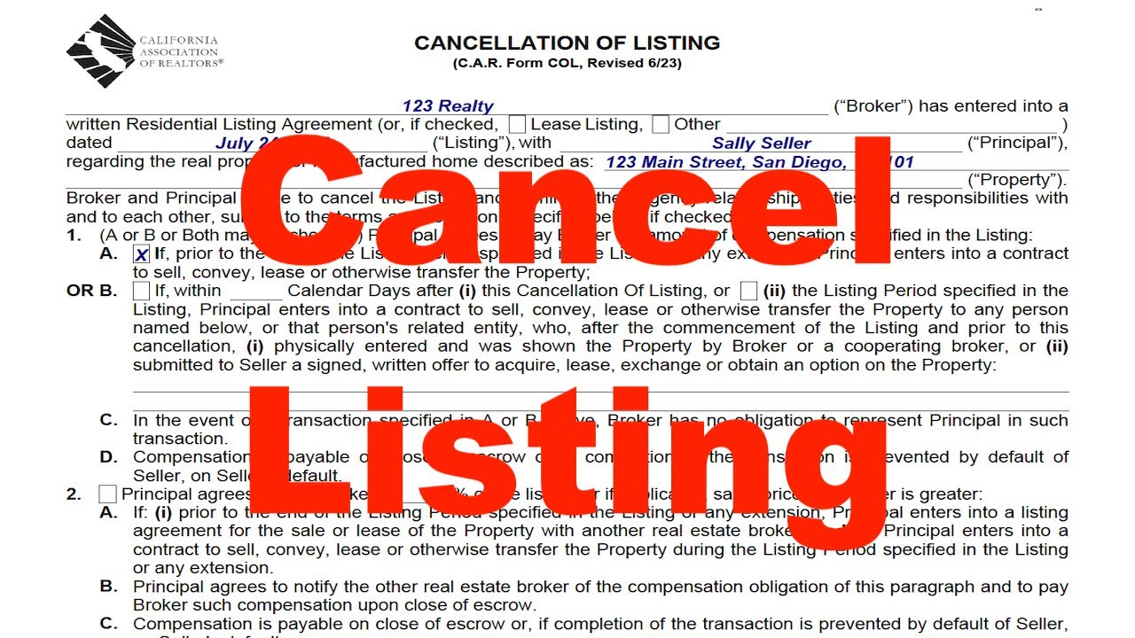 Cancellation of Listing - C.A.R Form COL