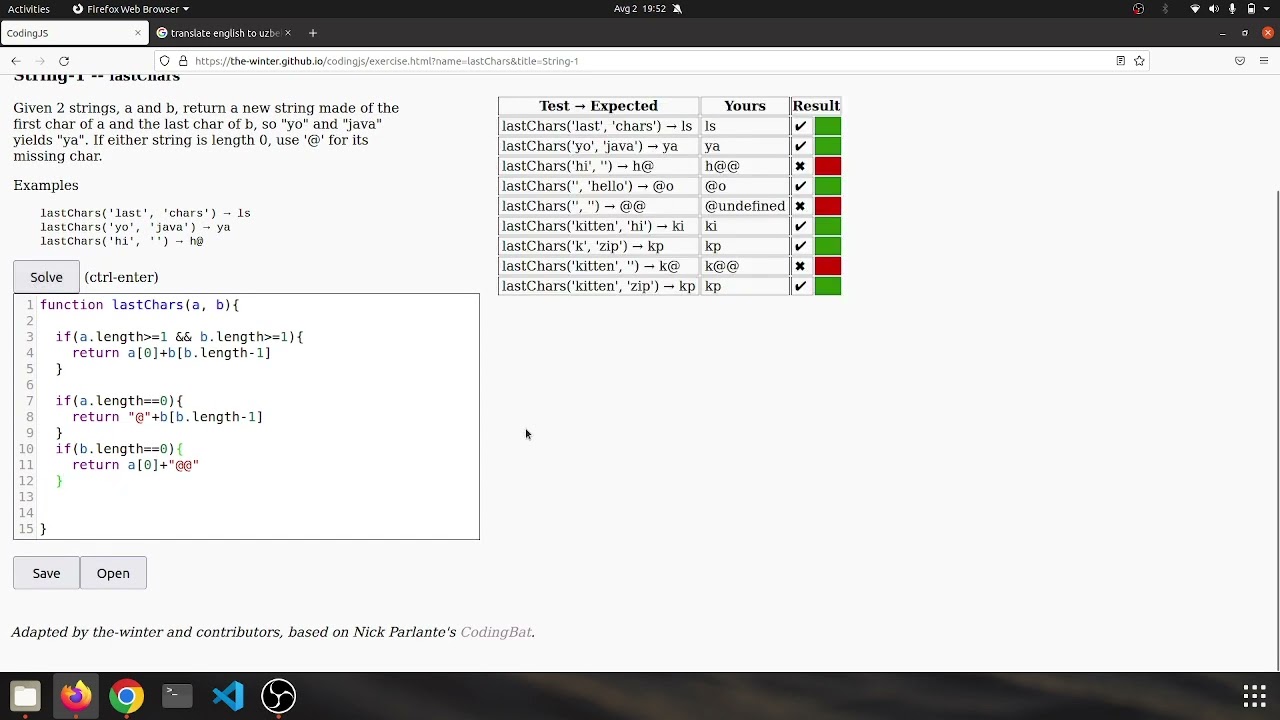 String 1 lastChars  Javascript solution