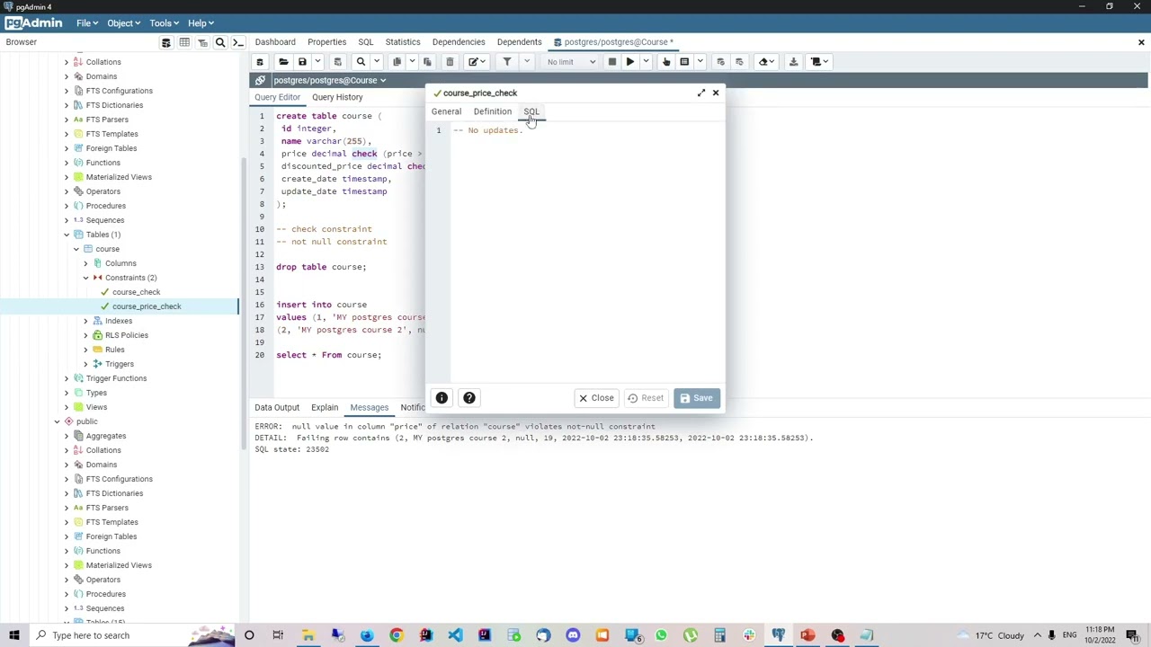 POSTGRESQL Tutorial for beginners - NOT NULL CONSTRAINT