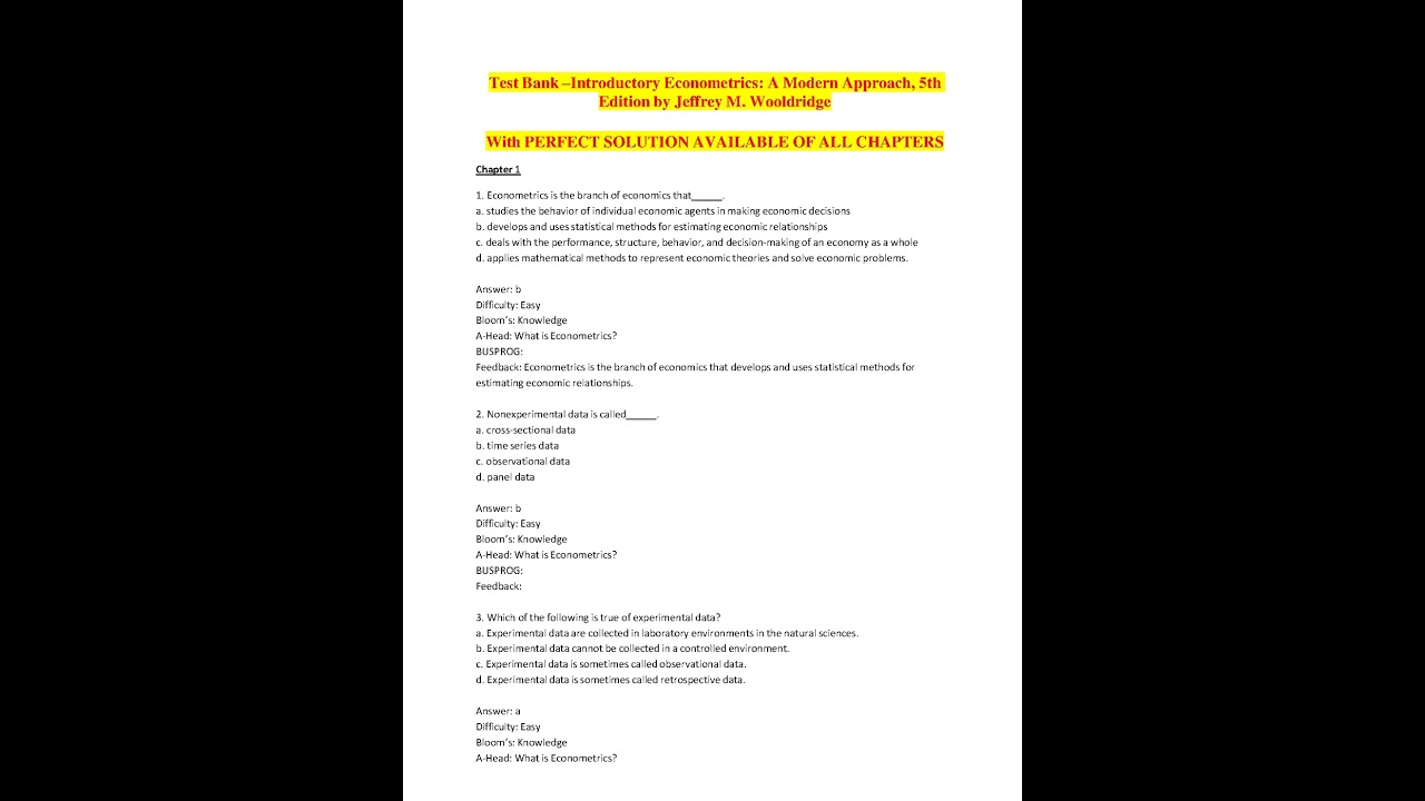 Test Bank For Introductory Econometrics: A Modern Approach, 5th Edition by Jeffrey M. Wooldridge