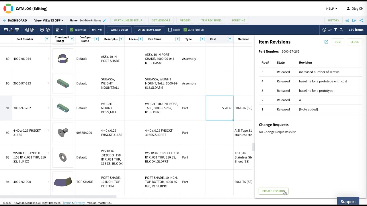 OpenBOM - Creating Revisions for Items and BOMs