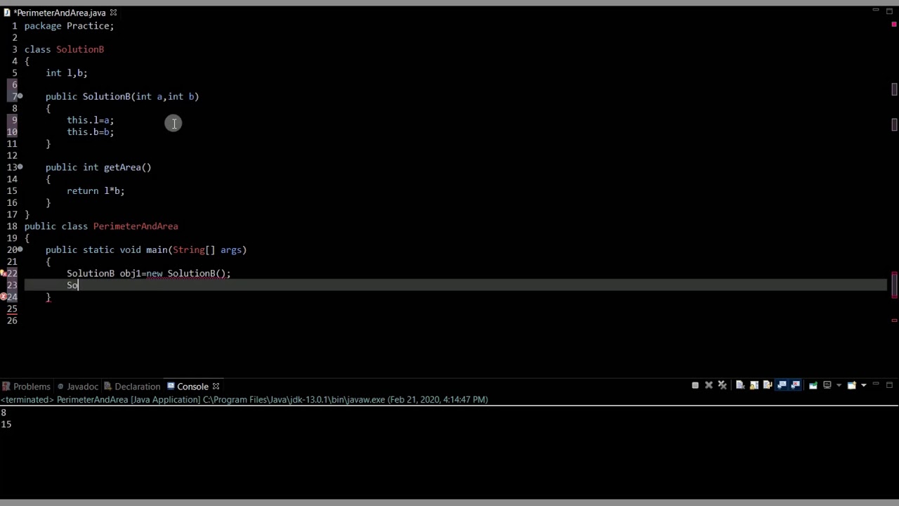 Java Program Tutorial using Constructor and Getter method to find the area of rectangle