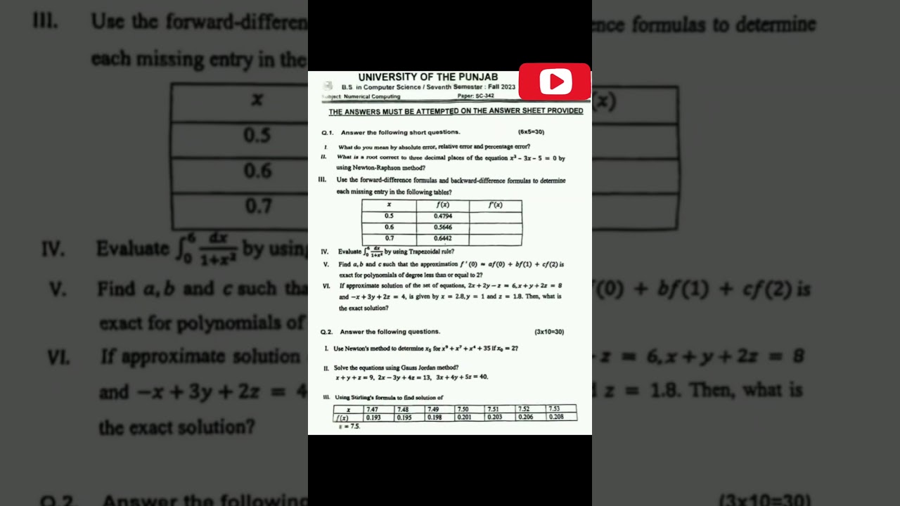 Numerical Computing | SC-342 | BSCS Past Paper 2023