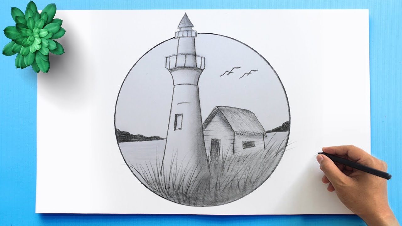 Lighthouse Landscape Drawing || Simple Landscape Drawing into a Circle