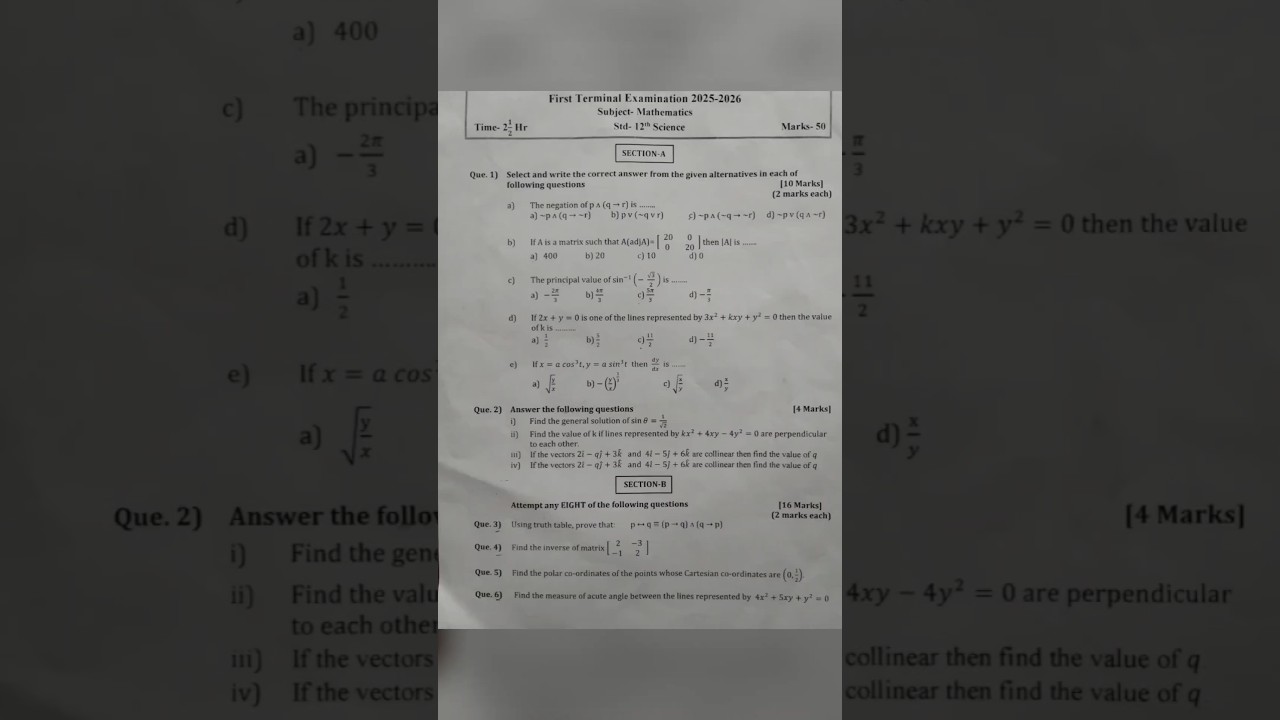 Class 12th Mathematics first semester exam 2025-26 |First term exam😱| mh board 🔥|#mathematics #exam|