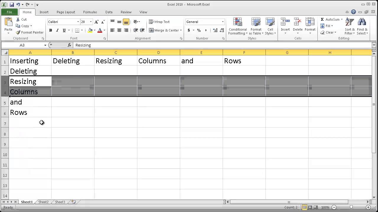 Excel 2010 Tutorial - Inserting Deleting Resizing Rows and Columns