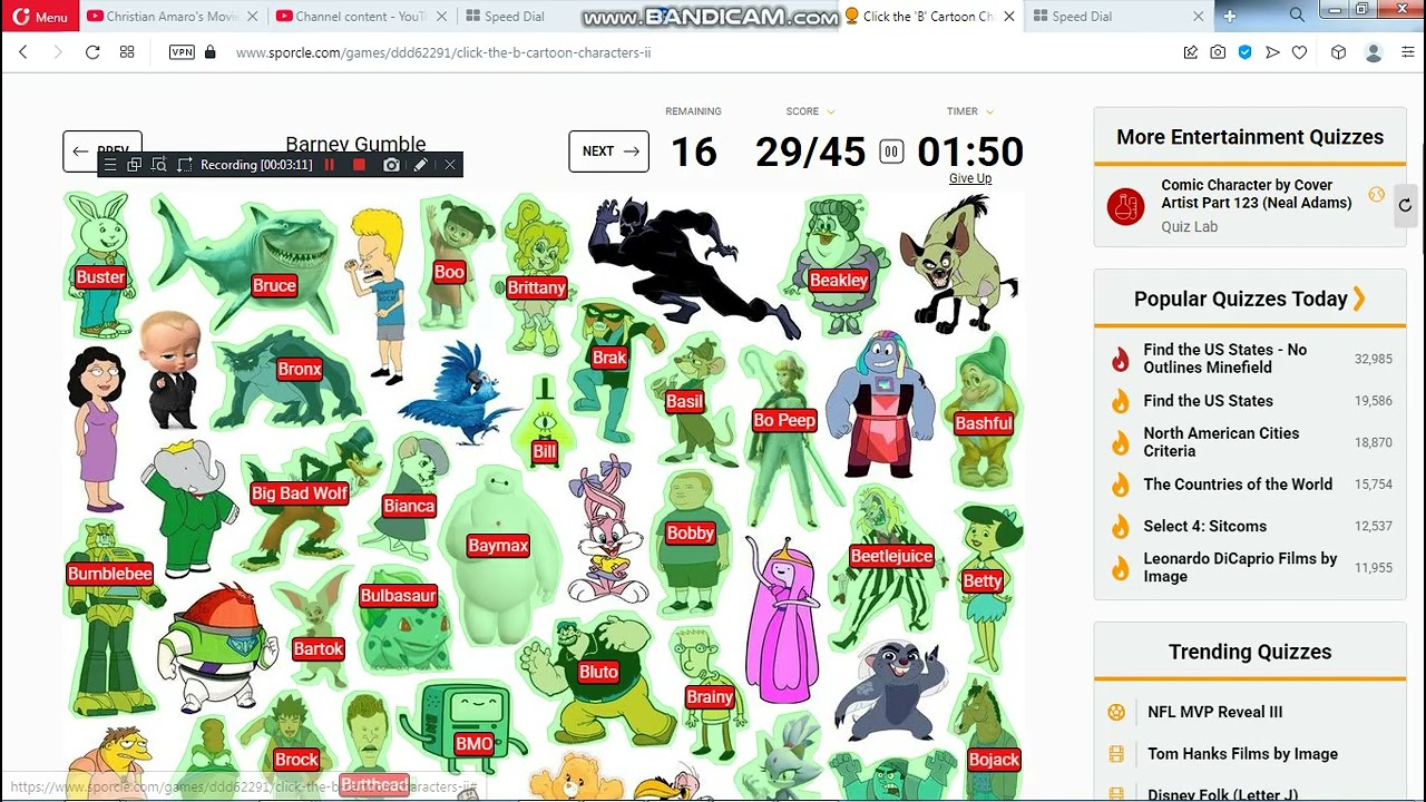 Me playing Sporcle: Click the 'B' Cartoon Characters II