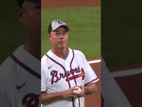 Greg Maddux throws out first pitch of World Series to Eddie Perez and almost throws it away! #shorts