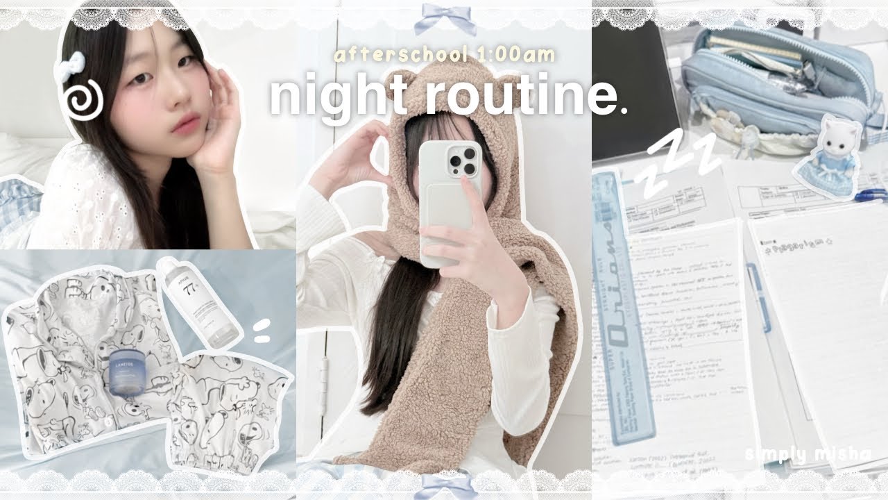 *PRODUCTIVE* 1:00AM school night routine 🐰☁️: stu(dying), trying to cook, korean skincare