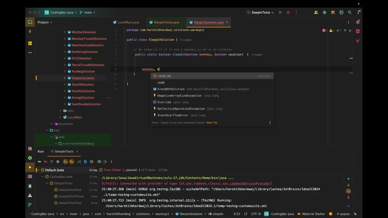 CodingBat Java | Warmup-1 Section | sleepIn Problem