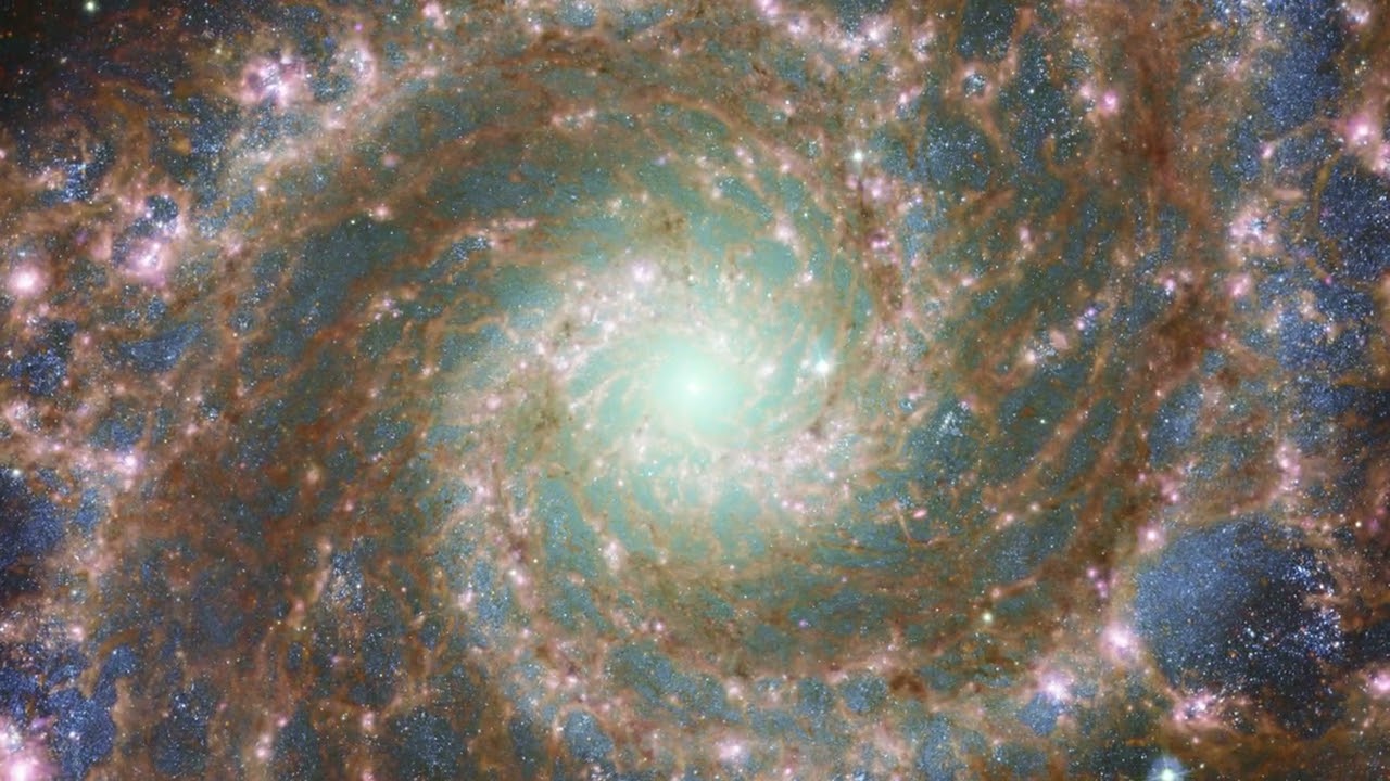 Pan of Combined Optical/Mid-Infrared Image of Phantom Galaxy, M74 (Hubble and Webb)