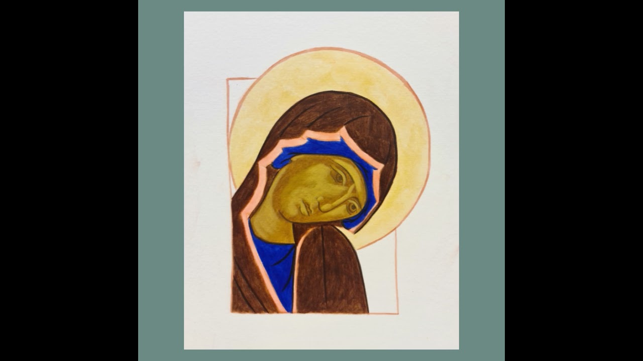 Stages of painting an icon of Mother of God.