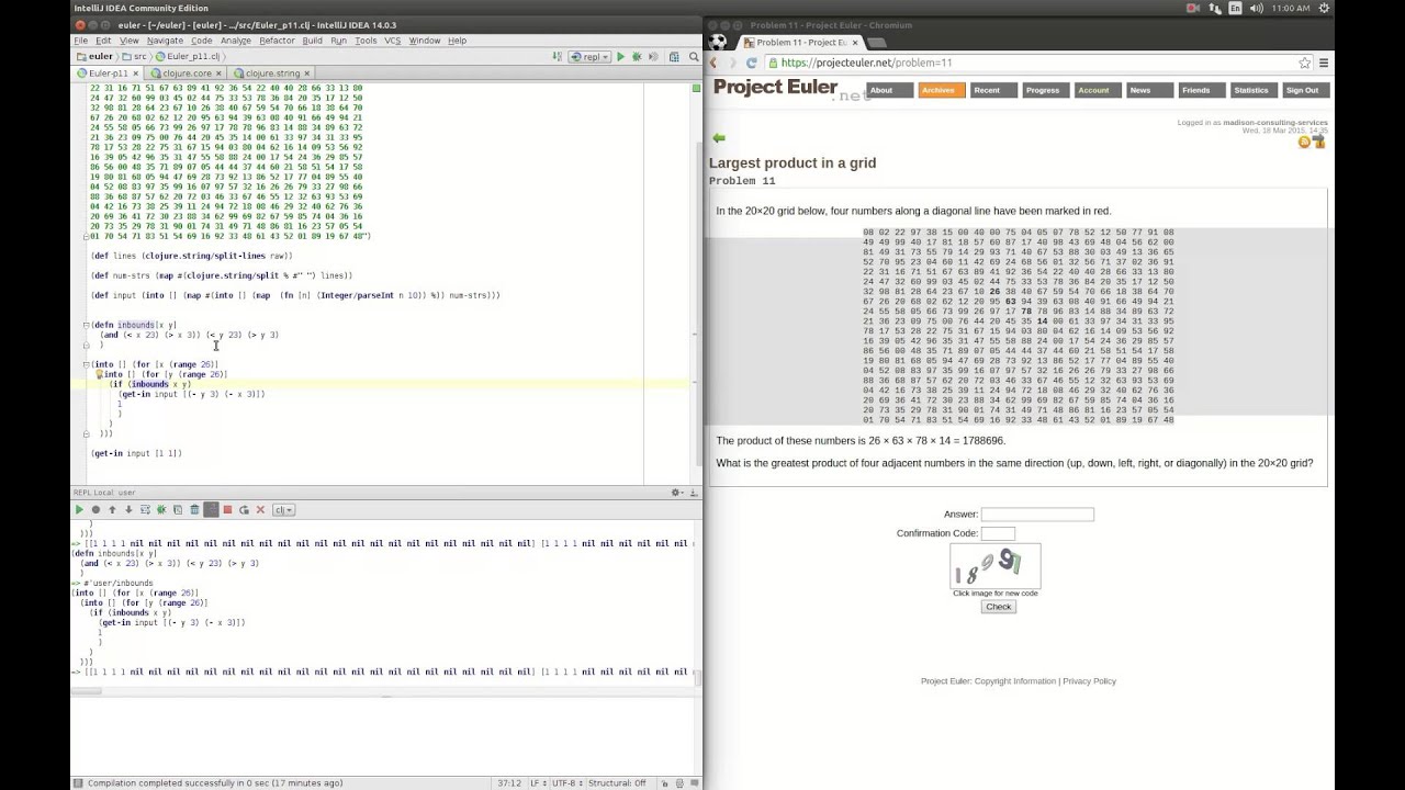 Project Euler - Problem 11 - Solved in Clojure