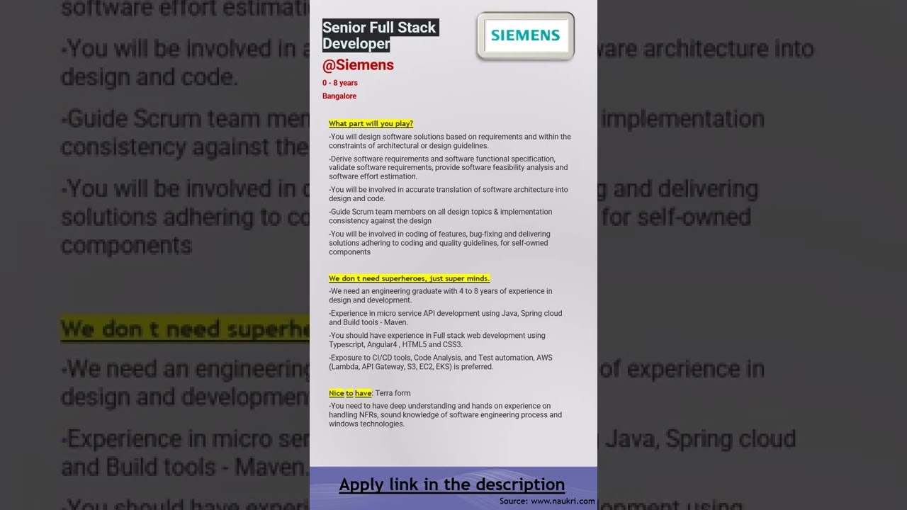 Siemens | Java Full Stack Developer (Angular/TS/Java/SpringCloud) | Bangalore/Bengaluru | 0-8 Years