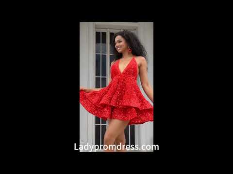 2023 A-line Princess Sequin Halter Sleeveless Backless Red Short/Mini Homecoming Dress