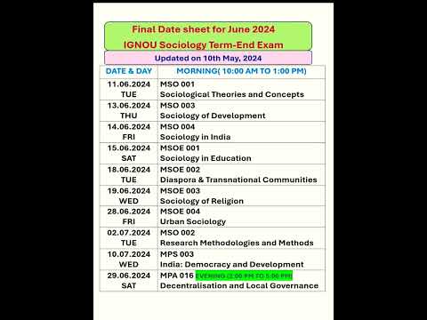 Final Date Sheet | IGNOU MA Sociology June 2024