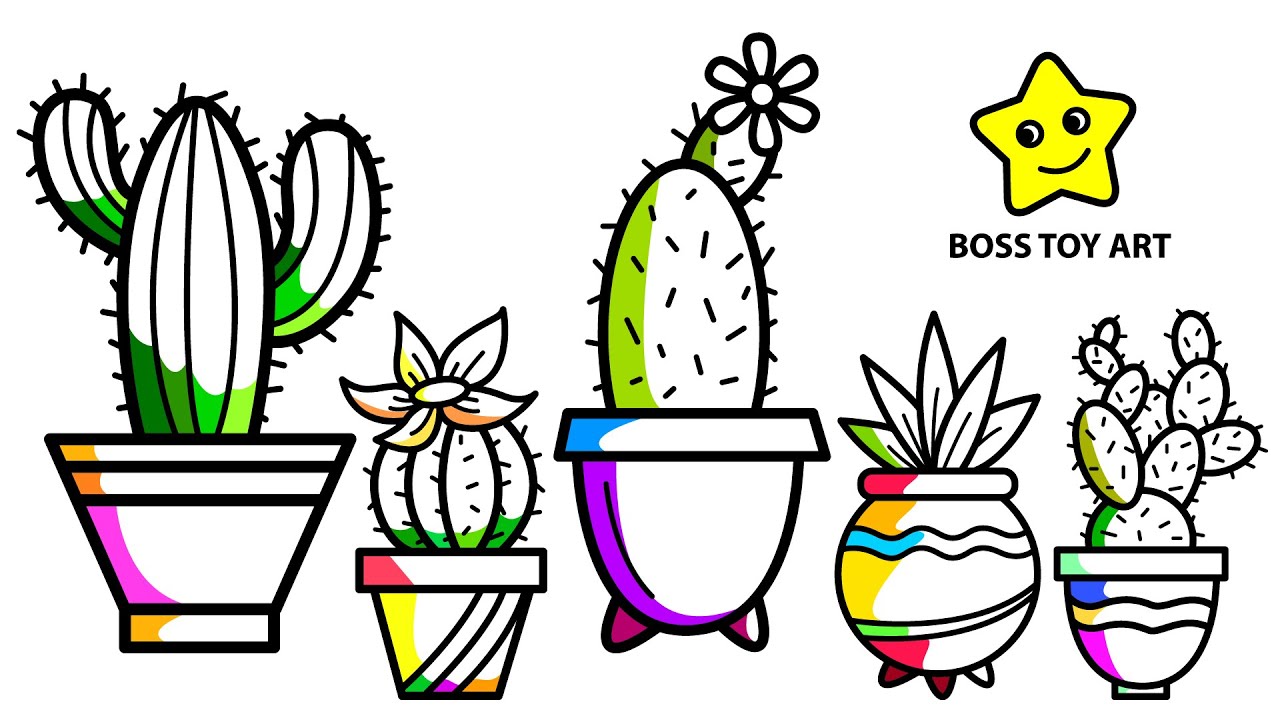 How to Draw easy cute Cactus coloring pages tutorial by boss toy art