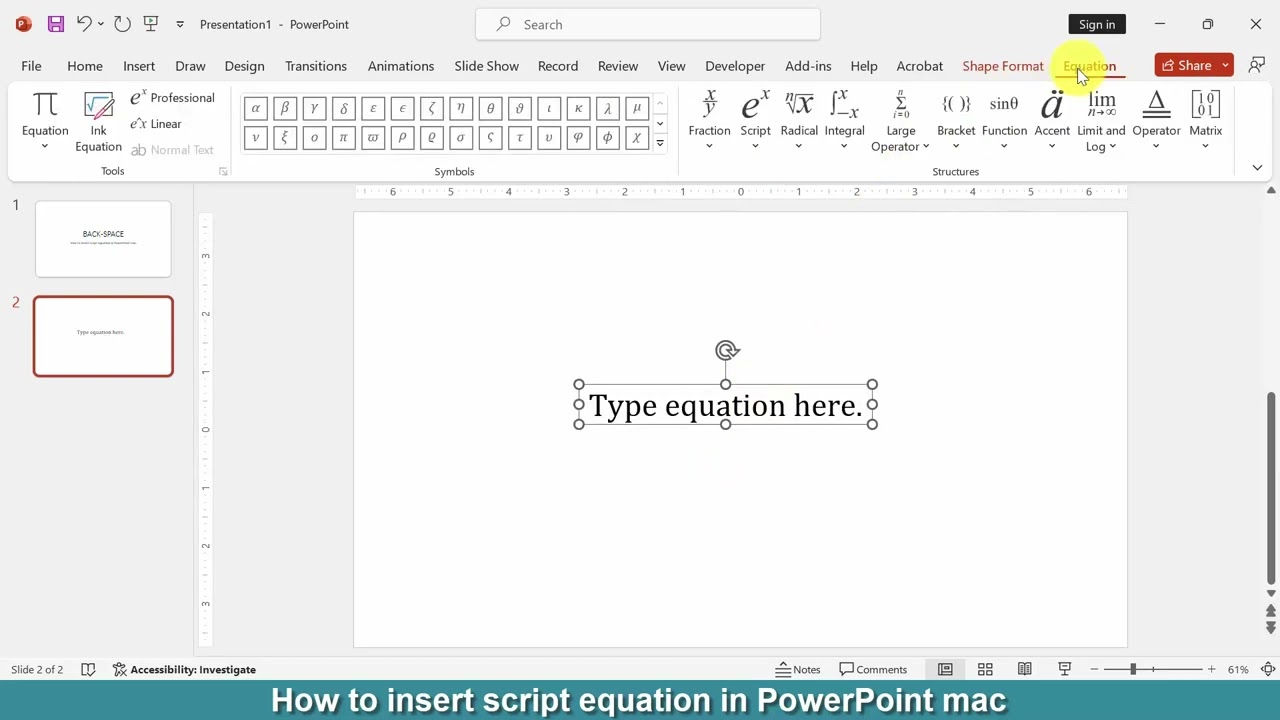 How to insert script equation in PowerPoint mac