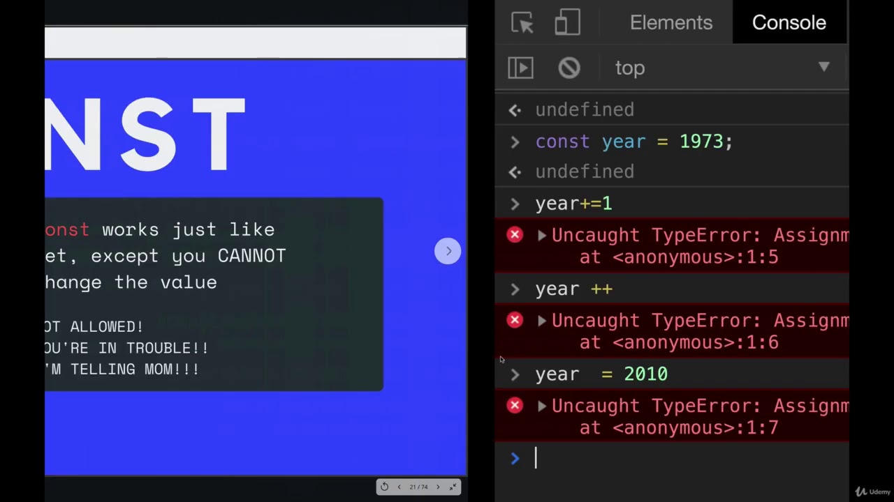 JS values and variables: Introducing Const --The Modern JavaScript Boot Camp