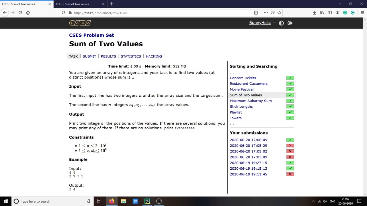 PYTHON Sum of Two Values Algorithm - CSES Sorting and Searching #7