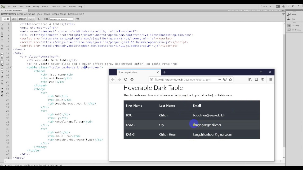 Bootstrat 4 Hoverable Dark Table